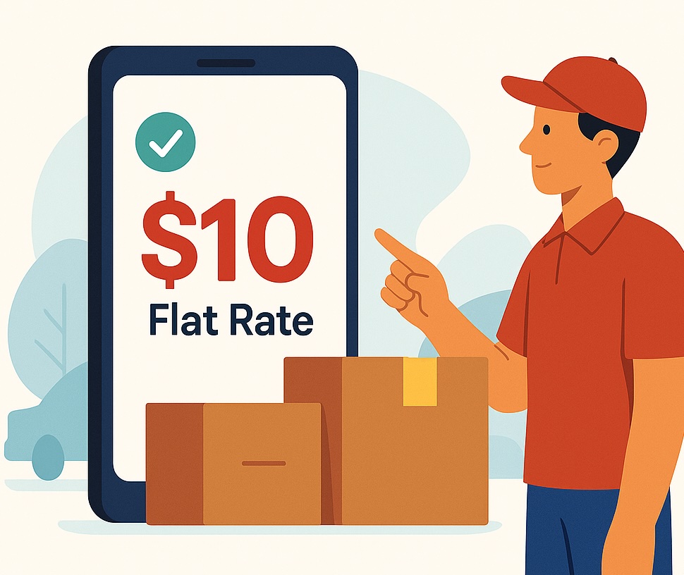 Illustration of a delivery driver pointing to a phone with a $10 flat rate